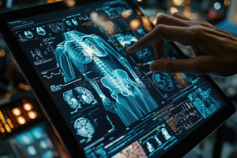 Medical Doctor Using Futuristic Tablet Showing Skeleton and Brain X-ray ...