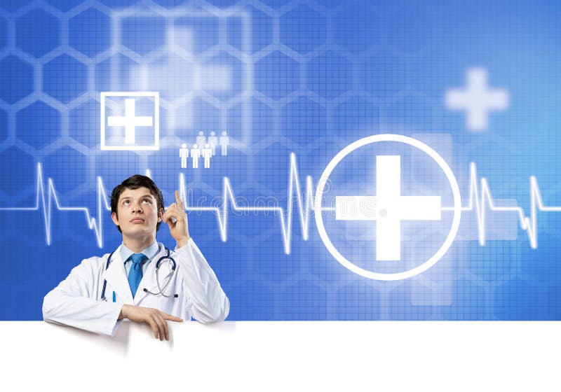 Doctor with banner stock photo. Image of medical, copyspace - 267675948