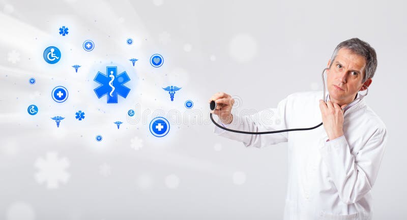 Doctor with Blue Medical Icons Stock Image - Image of aesculapius ...