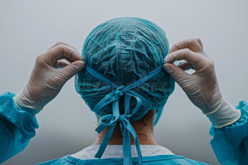 A Doctor in a Blue Surgical Cap is Adjusting the Cap Stock Photo ...