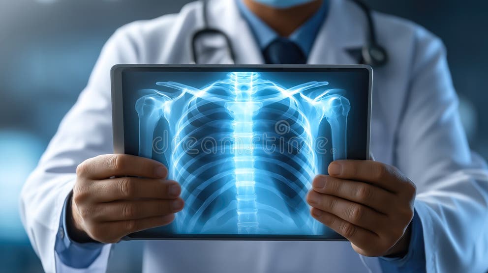 A Doctor Carefully Examines a Virtual X-ray Projection with Focused ...