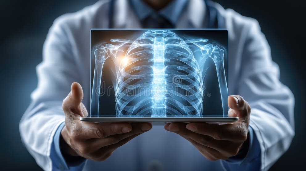 A Doctor Carefully Examines a Virtual X-ray Projection with Focused ...