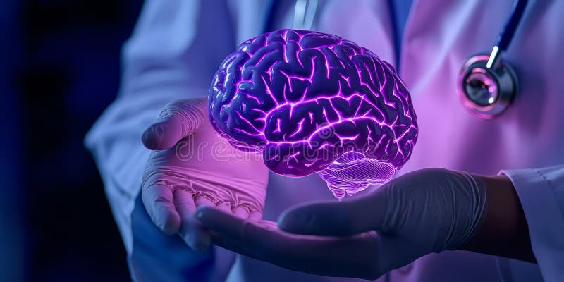 Doctor Carefully Holds a Glowing, Anatomically Correct Virtual Brain in ...
