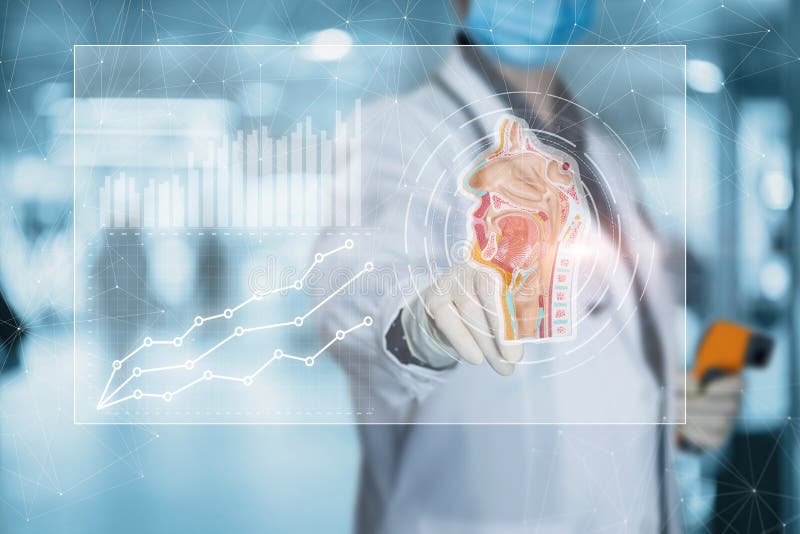 Doctor Clicks on a Virtual Screen Anatomy of a Patient Throat and Nose ...