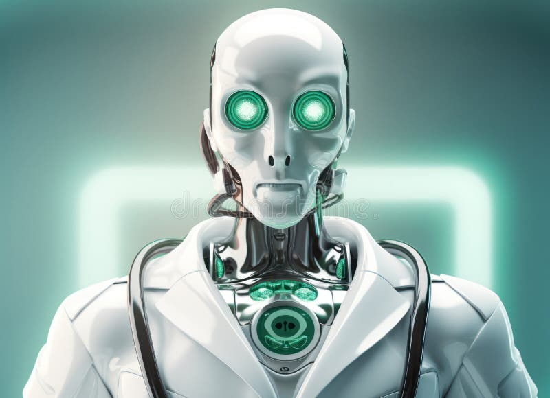 Doctor in a Coat with a Robot Head and a Stethoscope, Robotic Doctor is ...