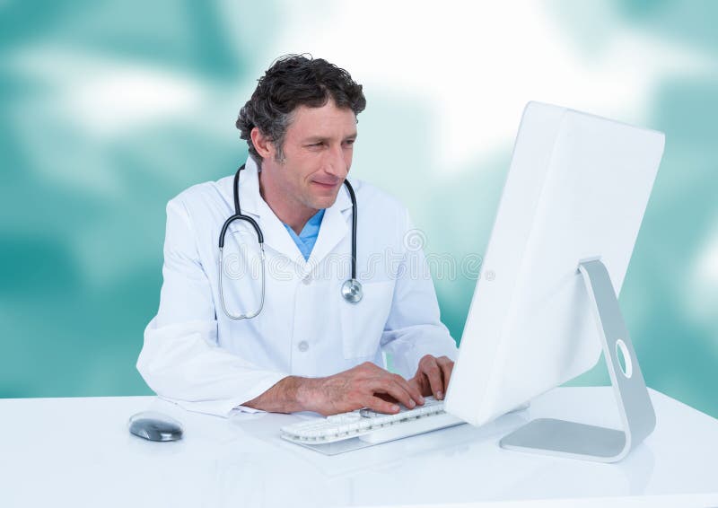 Doctor at Computer Against Blurry Teal Mesh Stock Image - Image of ...