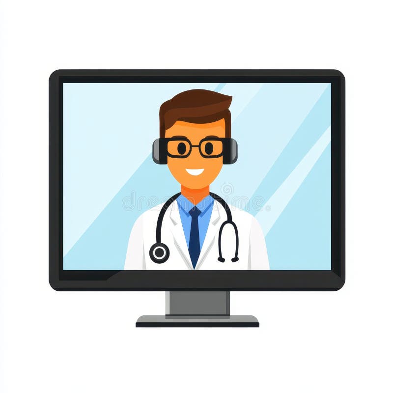 Doctor on Computer Screen with Telemedicine Icon in Flat Design ...