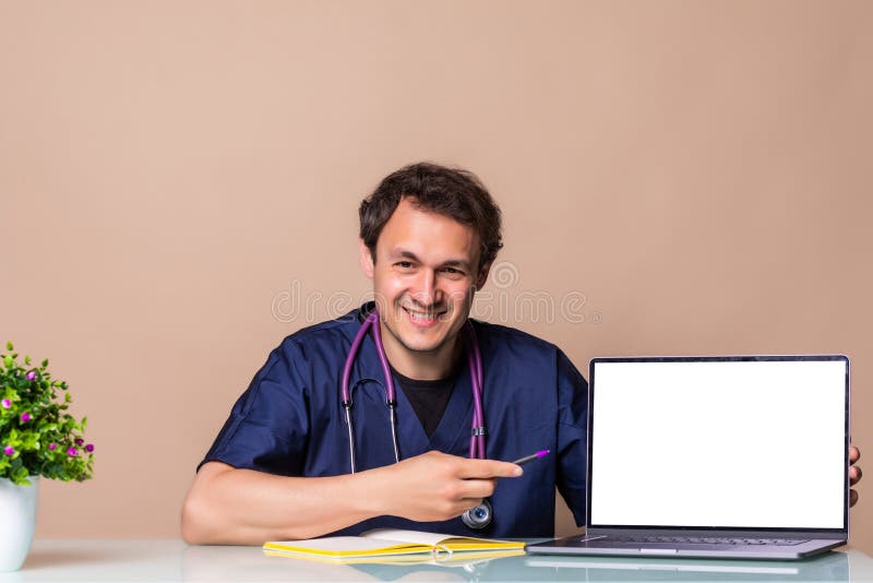 Doctor Consulting Presenting Results on Blank Screen Computer Sitting ...