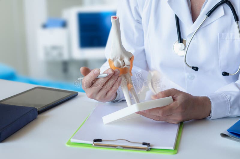 Doctor Demonstrates Knee Joint Problems on Model Stock Photo - Image of ...