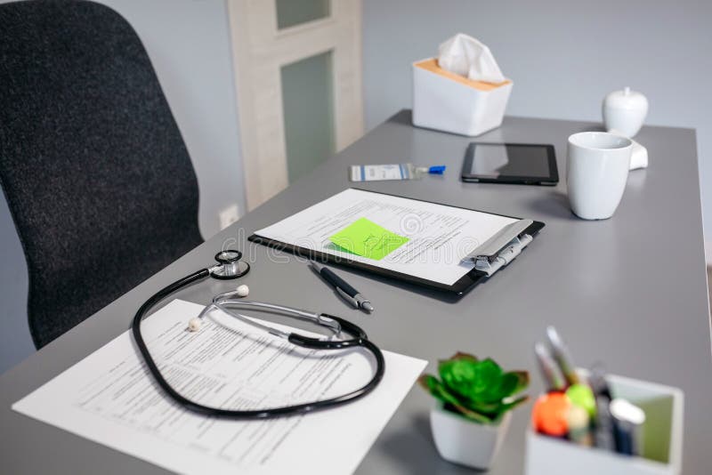 Doctor Desk with Documents and Stethoscope Stock Photo - Image of ...