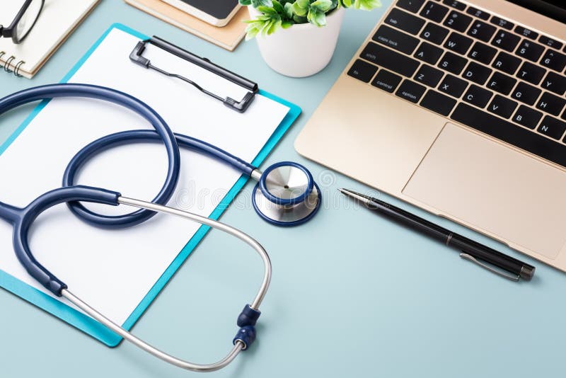 Doctor Desk with Laptop, Clipboard and Stethoscope, Online Doctor ...