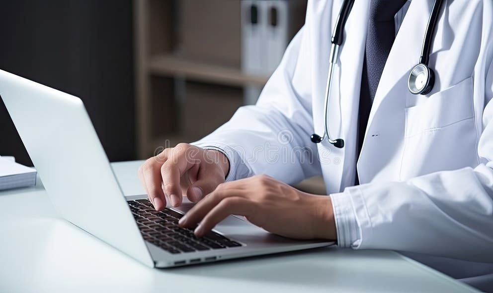 A Doctor Diagnosing Patients and Analyzing Medical Data on a Laptop ...