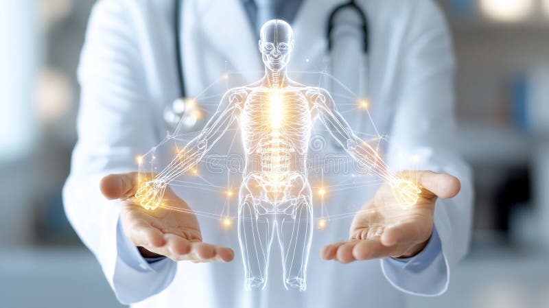 Doctor Displaying Virtual Human Skeleton Model with Advanced Technology ...