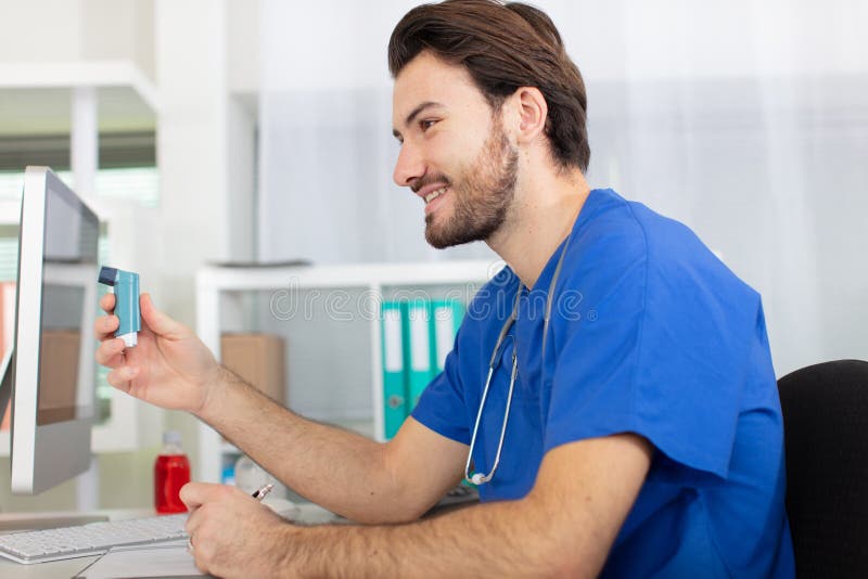 Doctor Doing Live-chat on Computer Shows Inhaler Stock Image - Image of ...