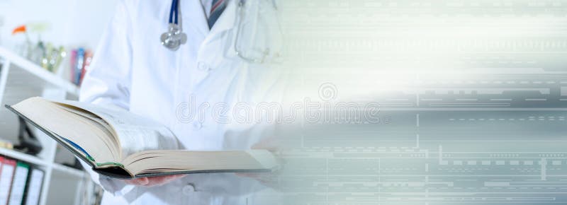 Doctor Doing Research in a Medical Book; Panoramic Banner Stock Photo ...