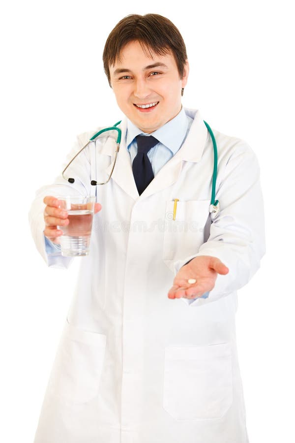 Doctor with Drug and Glass of Water in Hands Stock Photo - Image of ...