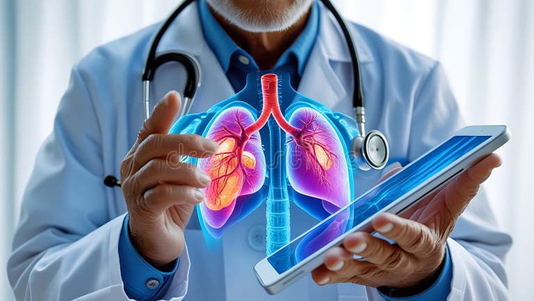 Doctor Examines Digital Lung Model with Tablet Stock Photo - Image of ...