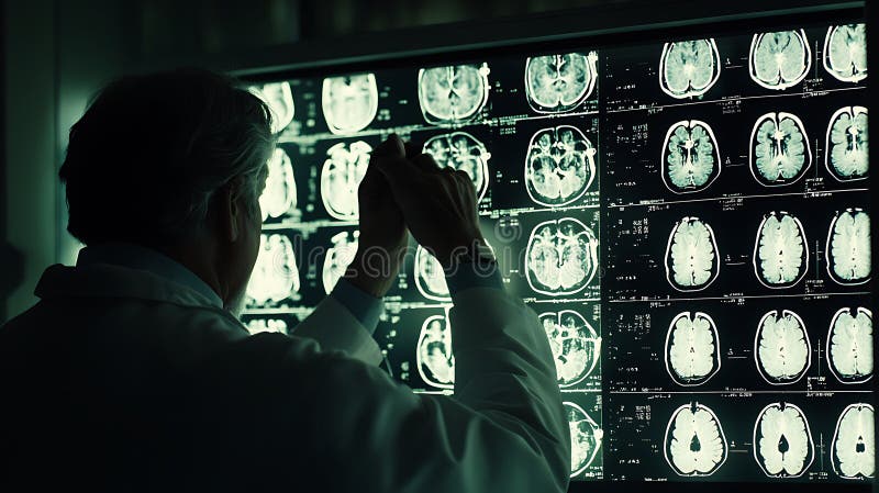 A Doctor Examines Multiple Brain Scans on a Large Screen Stock ...