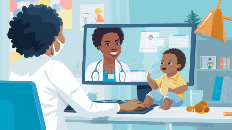 Doctor Examining Baby on Computer Screen Stock Illustration ...