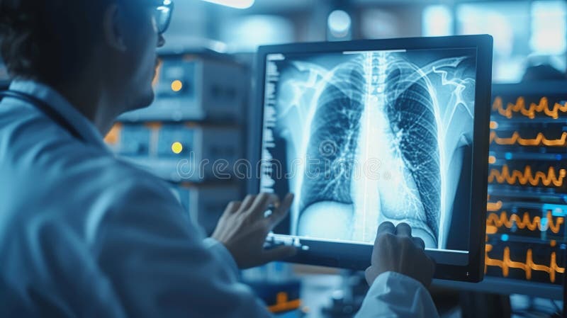Doctor Examining Chest X-ray on Computer Screen in Hospital Office ...