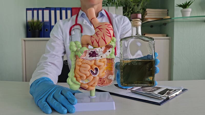 Doctor Examining Digestive System Model with Alcohol Bottle on Table in ...