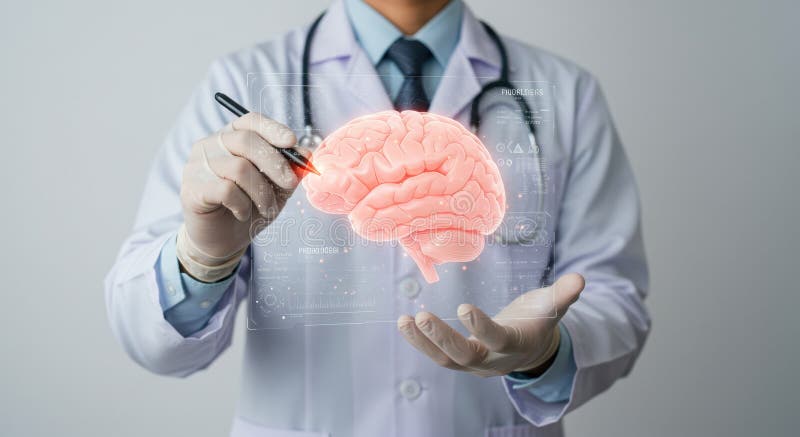 Doctor Examining a Glowing 3D Brain Model: Medical Visualization Stock ...