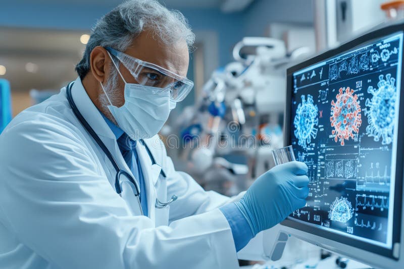 Doctor Examining Virus Data on a Computer in a Modern Medical Facility ...
