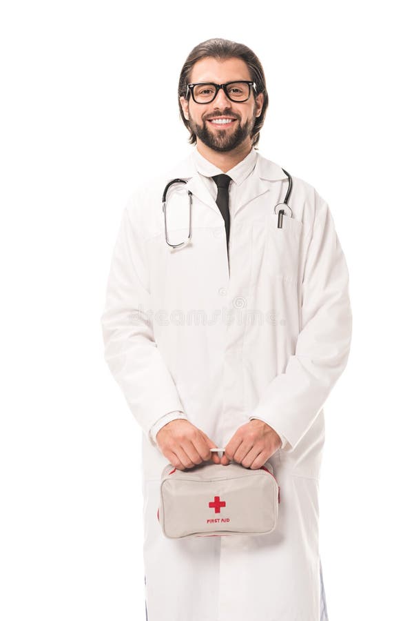 Doctor in Eyeglasses Holding First Aid Kit and Smiling at Camera ...