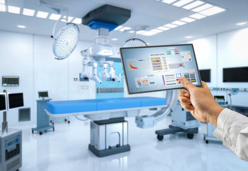 Doctor with Graphic Interface Display in Hospital Room with Medical ...