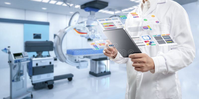 Doctor with Graphic Interface Display in Hospital Room with Medical ...