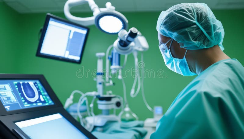 A Doctor in a Green Surgical Gown Looking at a Computer Screen Stock ...