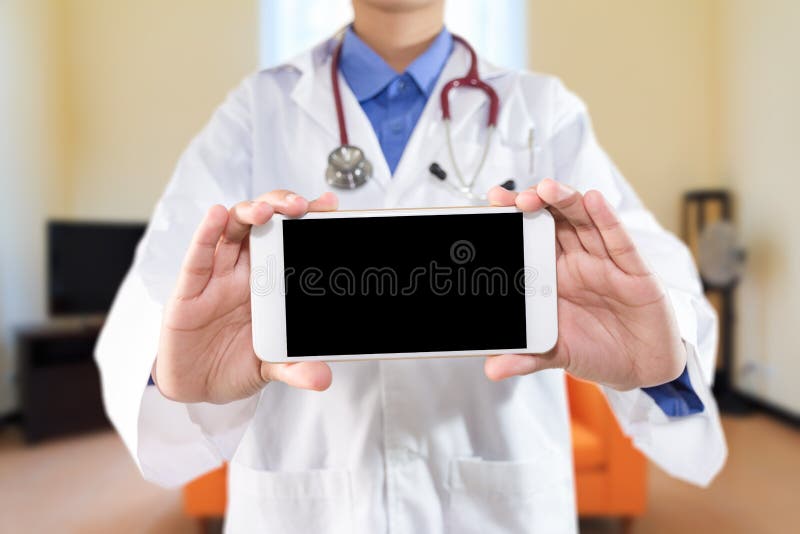 Doctor Hand Showing Smart Phone Screen in the Waiting Room Stock Photo ...