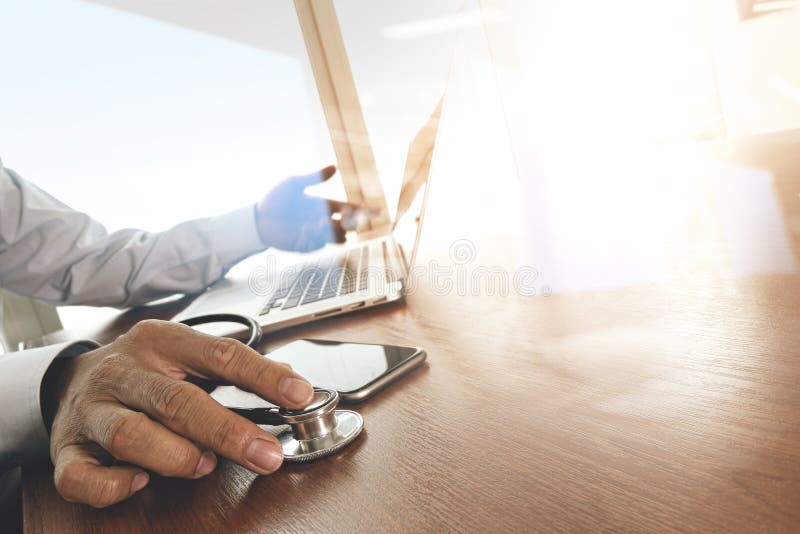 Doctor Hand Working with Laptop Computer in Medical Workspace of Stock ...