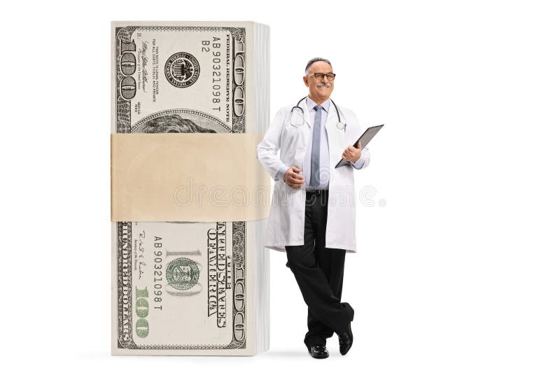 Doctor Holding a Clipboard Next To a Big Stack of Money Stock Image ...