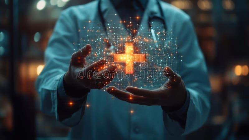 Doctor Holding Digital Medical Cross in His Hands. 3D Rendering Stock ...