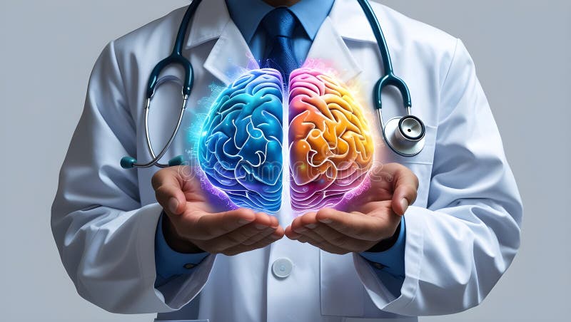 A Doctor Holding a Dual-Colored Brain Representing Logic and Creativity ...