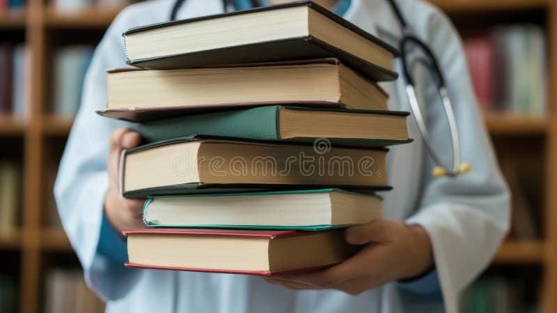 A Doctor Holding a Stack of Books in Front of a Bookcase Stock ...