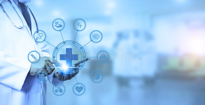 Doctor Holding Stethoscope Work Using Smart Phone with Virtual Screen ...