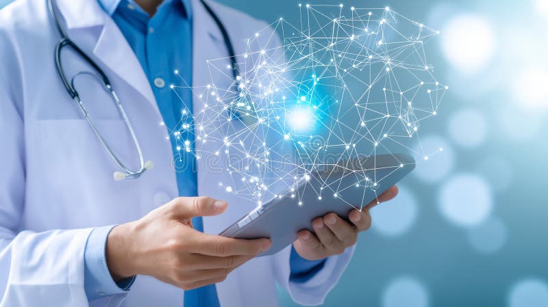 Doctor Holding Tablet with Digital Health Solutions Visualized through ...