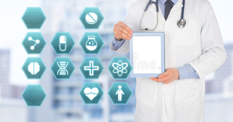 Doctor Holding Tablet with Medical Interface Hexagon Icons Stock Photo ...