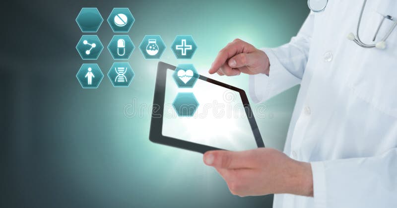 Doctor Holding Tablet with Medical Interface Hexagon Icons Stock Photo ...