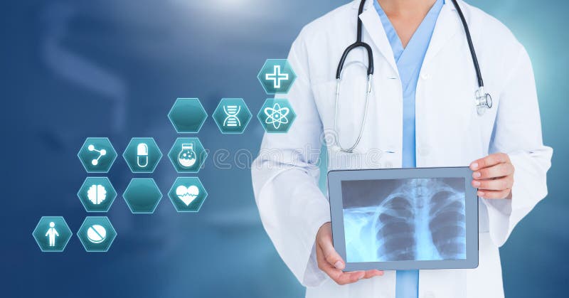 Doctor Holding Tablet with Medical Interface Hexagon Icons and X-Ray ...