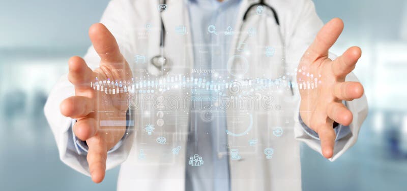 Doctor Holding User Interface Screens with Icon, Stats and Data 3d ...