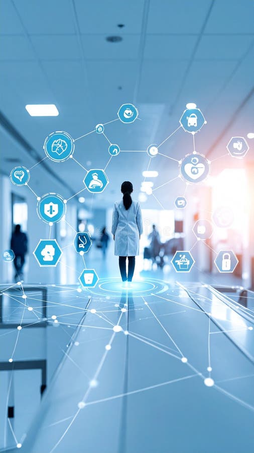Doctor in Hospital Corridor Interacting with Futuristic Medical Network Technology Interface ...