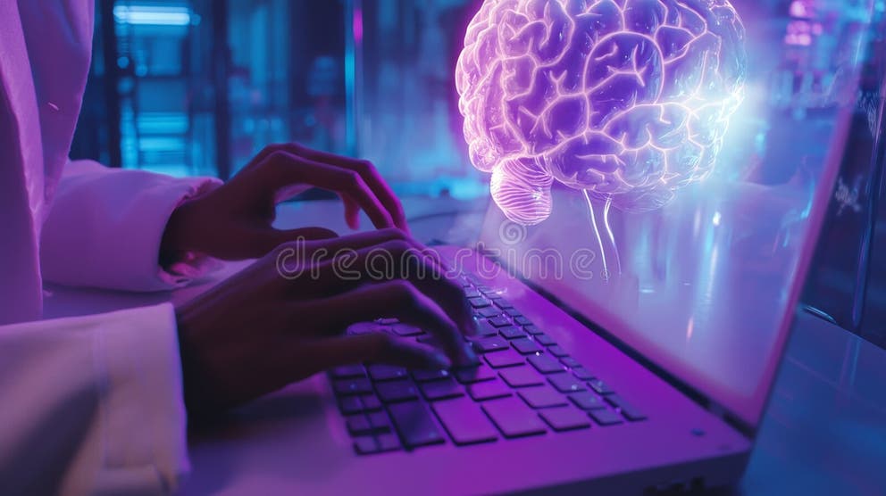 Doctor Inputting Data on Laptop, Generative Technology in Background ...