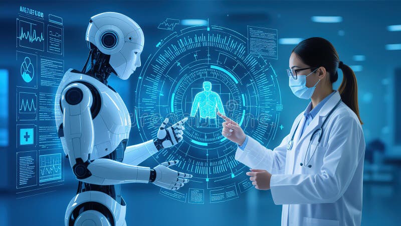Doctor Interacting with Robot in High-Tech Medical Environment Stock ...