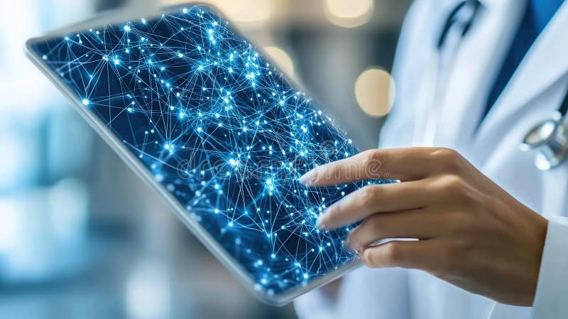 Doctor Interacting with a Tablet Displaying a Complex Network Graphic ...