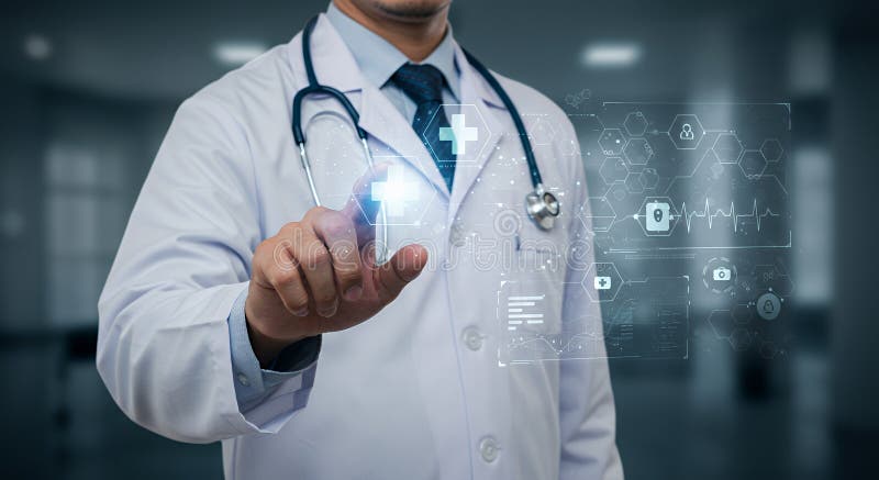 A Doctor Interacts with Medical Data Displayed on a Screen Stock ...