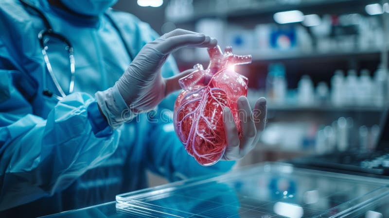 A Doctor in a Lab Coat and Gloves Holds a Glowing Heart Model Stock ...
