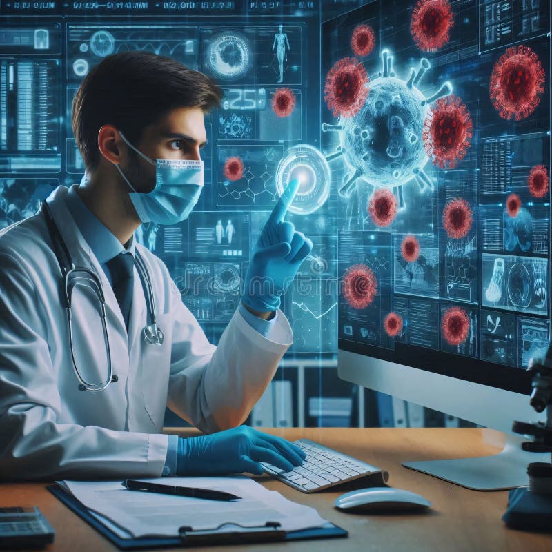A Doctor in a Lab Coat and Gloves Interacts with a High-tech Screen ... A Doctor in a Lab Coat and Gloves Interacts with a High-tech Screen ...